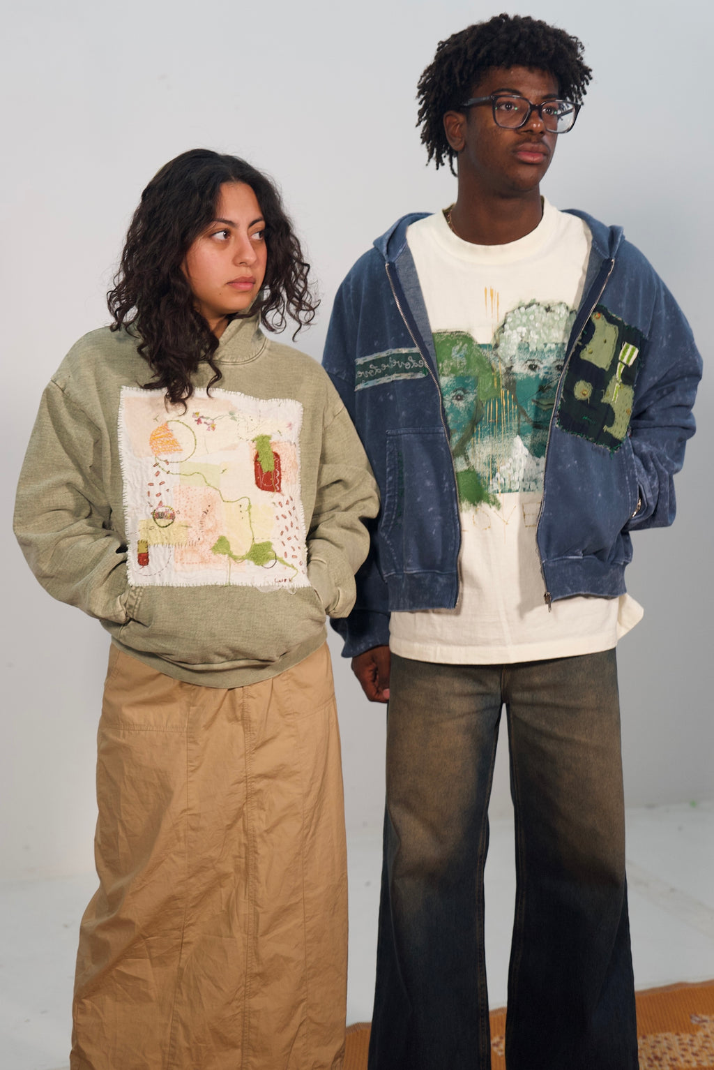 Hand-Stitched Portrait and Abstract Design on Blue Cropped Zip-Up Hood ...